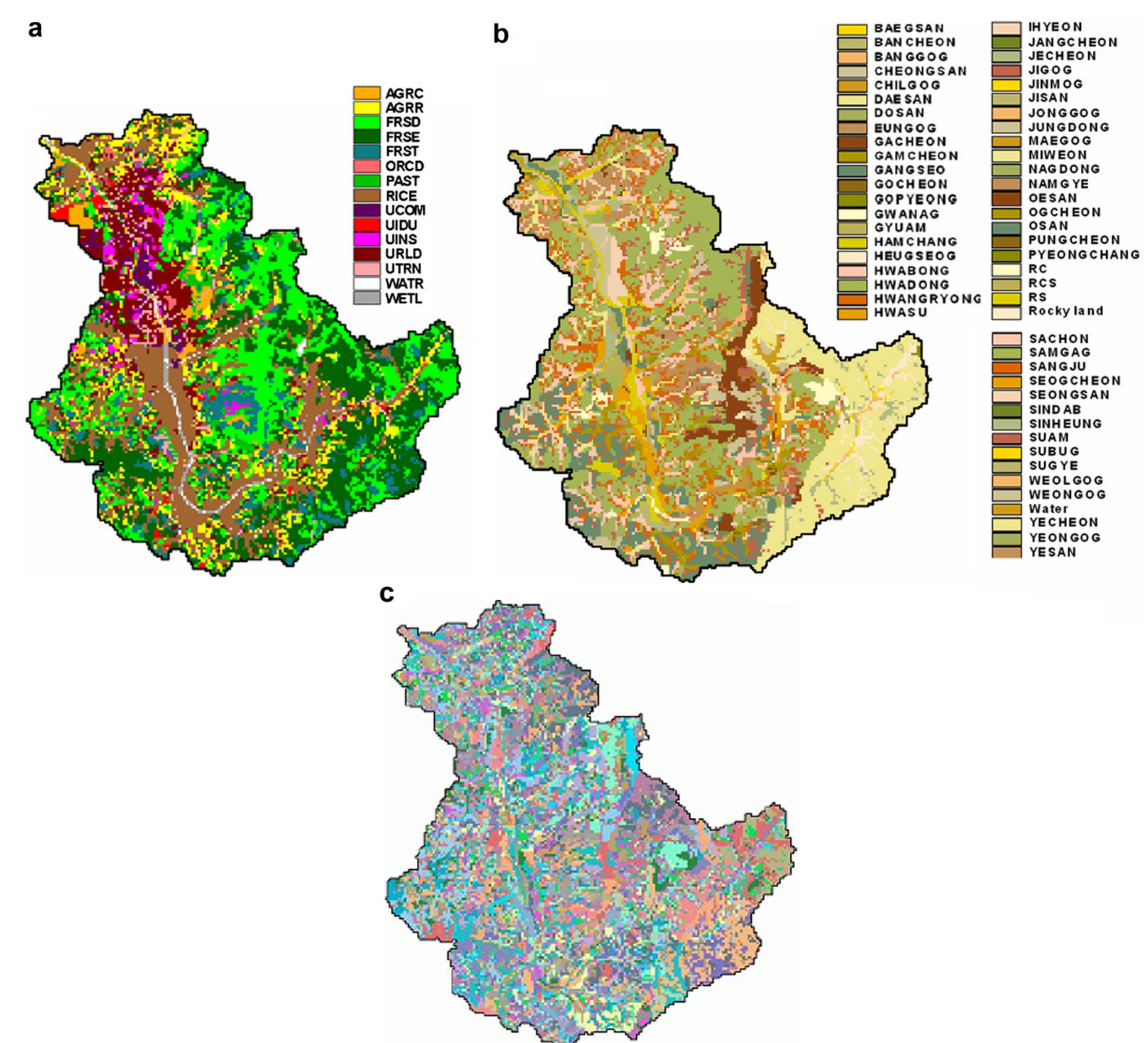 Land use map, soil type map and hru distribution map in