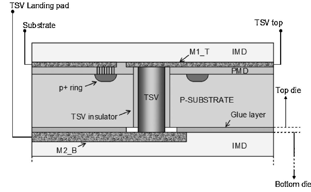 Schematic cross-section of a tsv in a 2-die stack. the