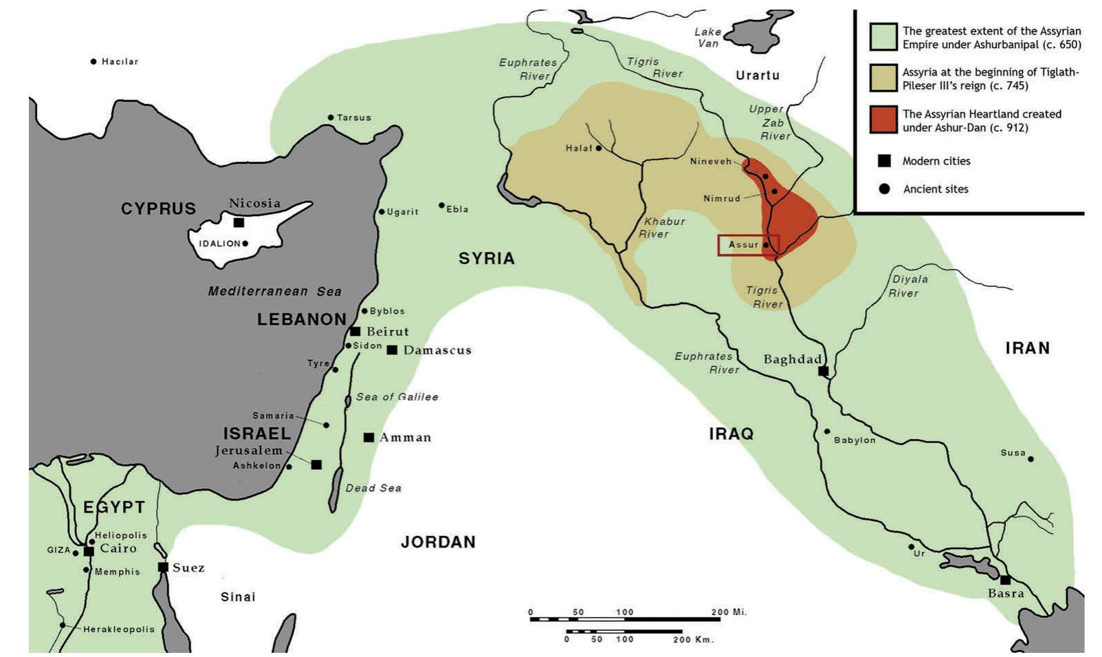 Map of the neo-assyrian empire, with assur marked. basemap