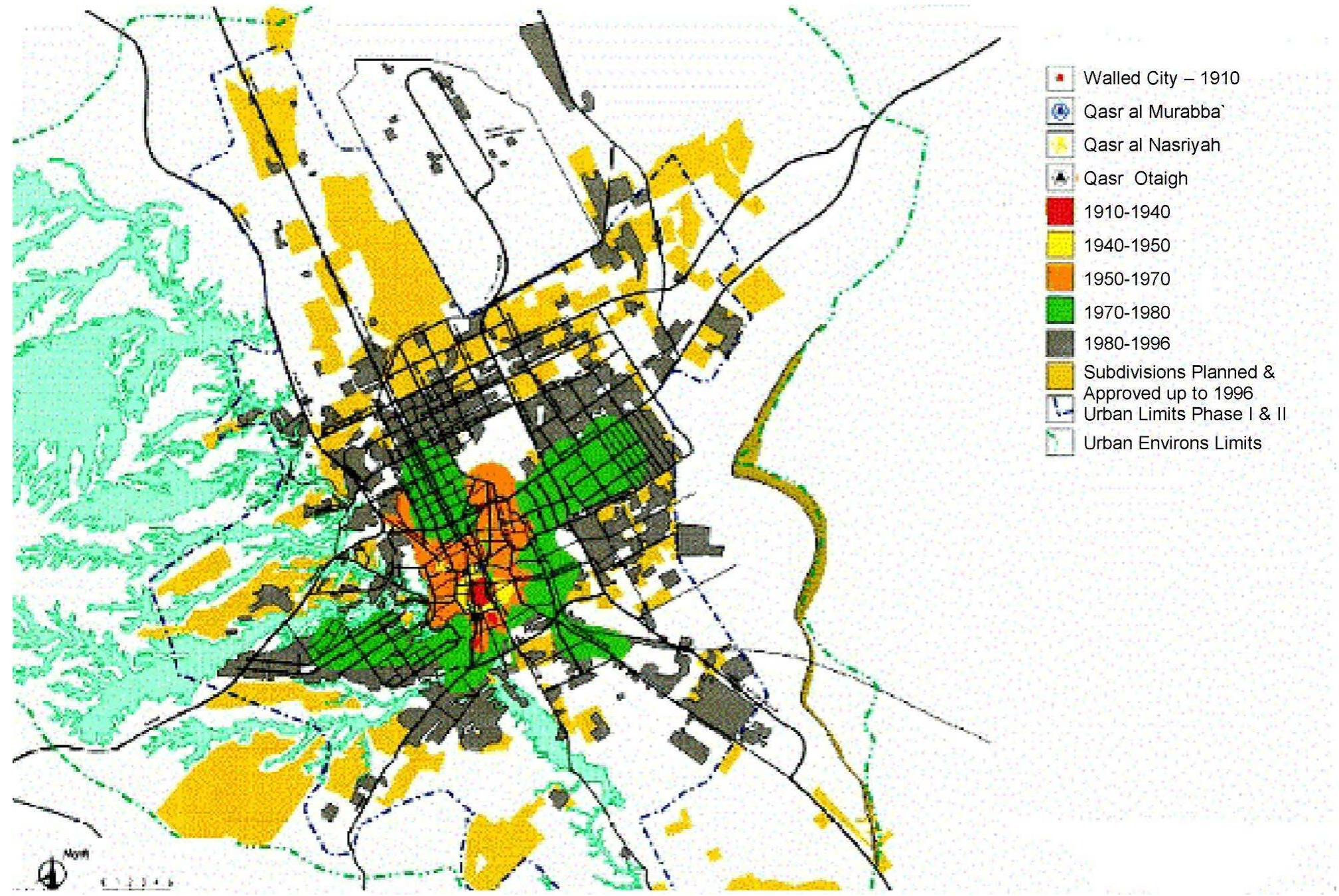 Riyadh phases of urban growth 1900-to-2000. source: hcdr,