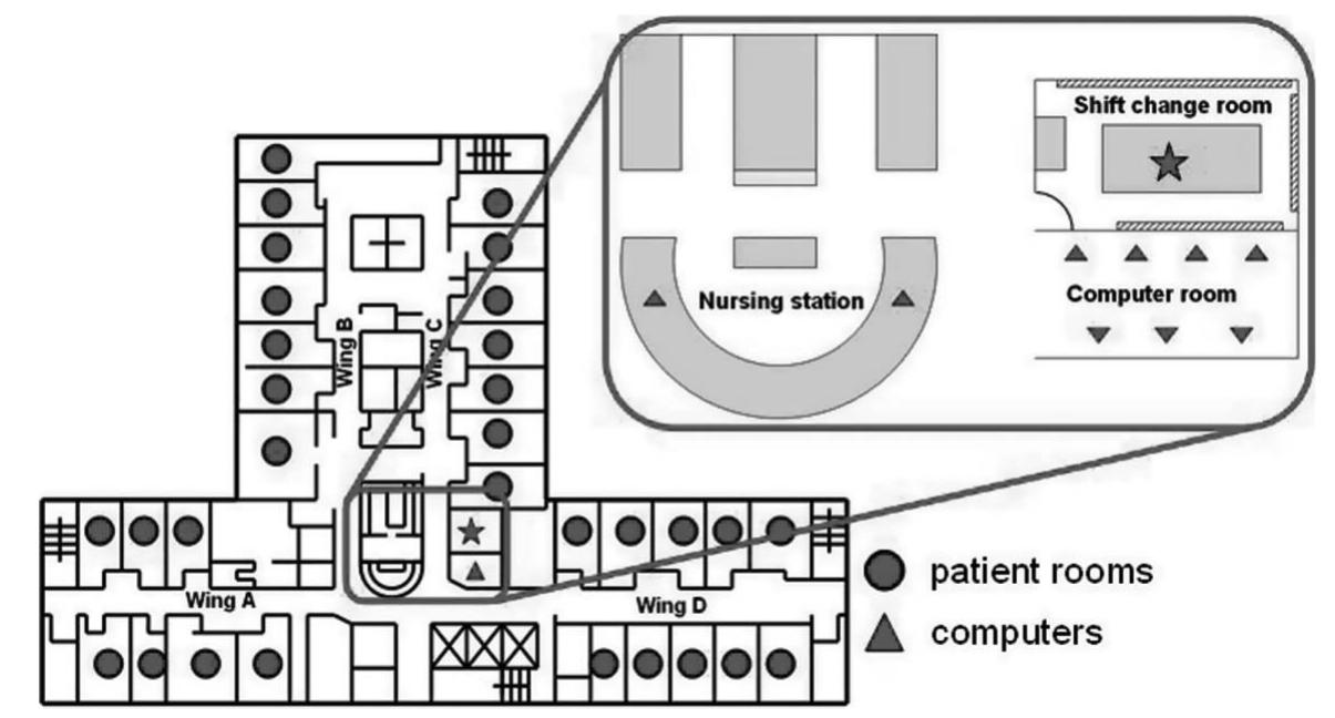 (a) floor plan of the study ward (bottom left), and (b)