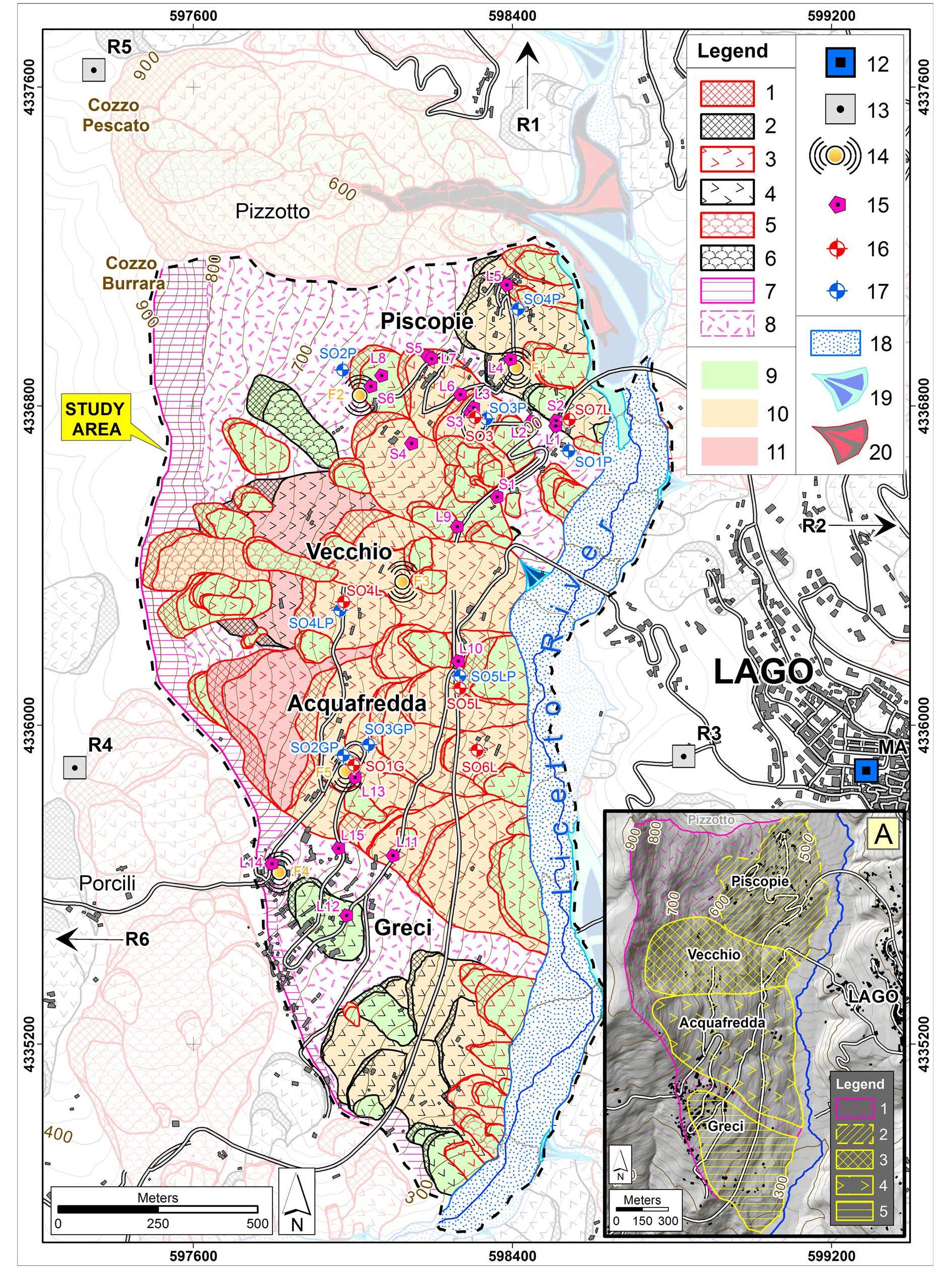 Mass movements map of the greci-piscopie slope (lago,