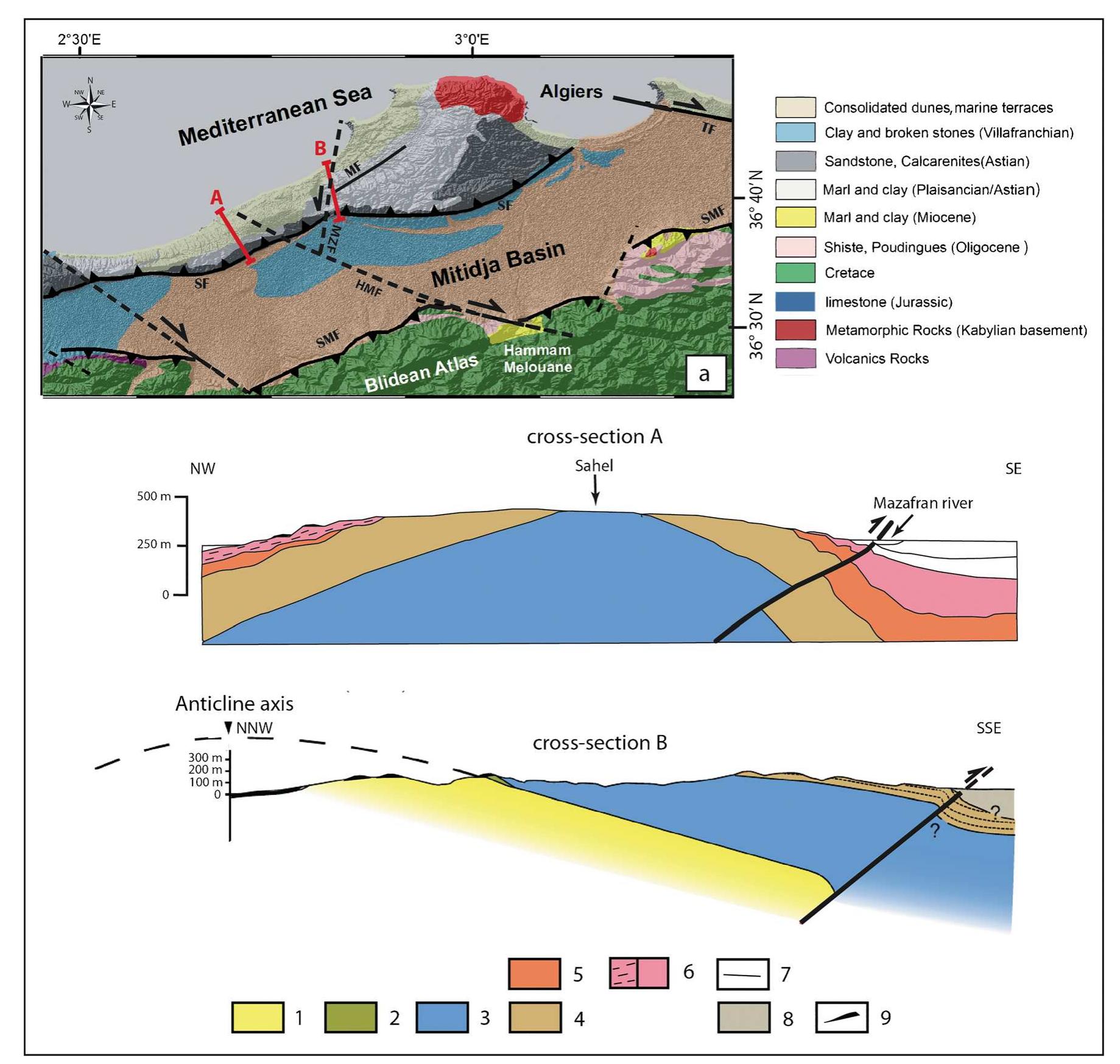 A geological map of the mitidja basin shown with srtm shaded