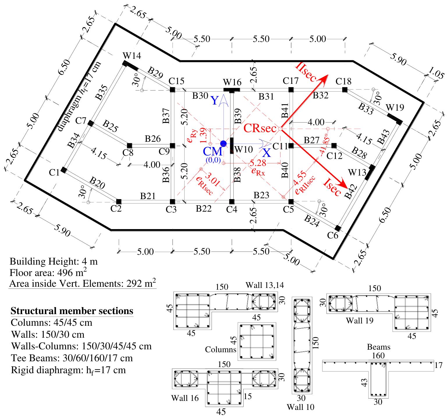 Up: floor plan of single-storey building, down: structural
