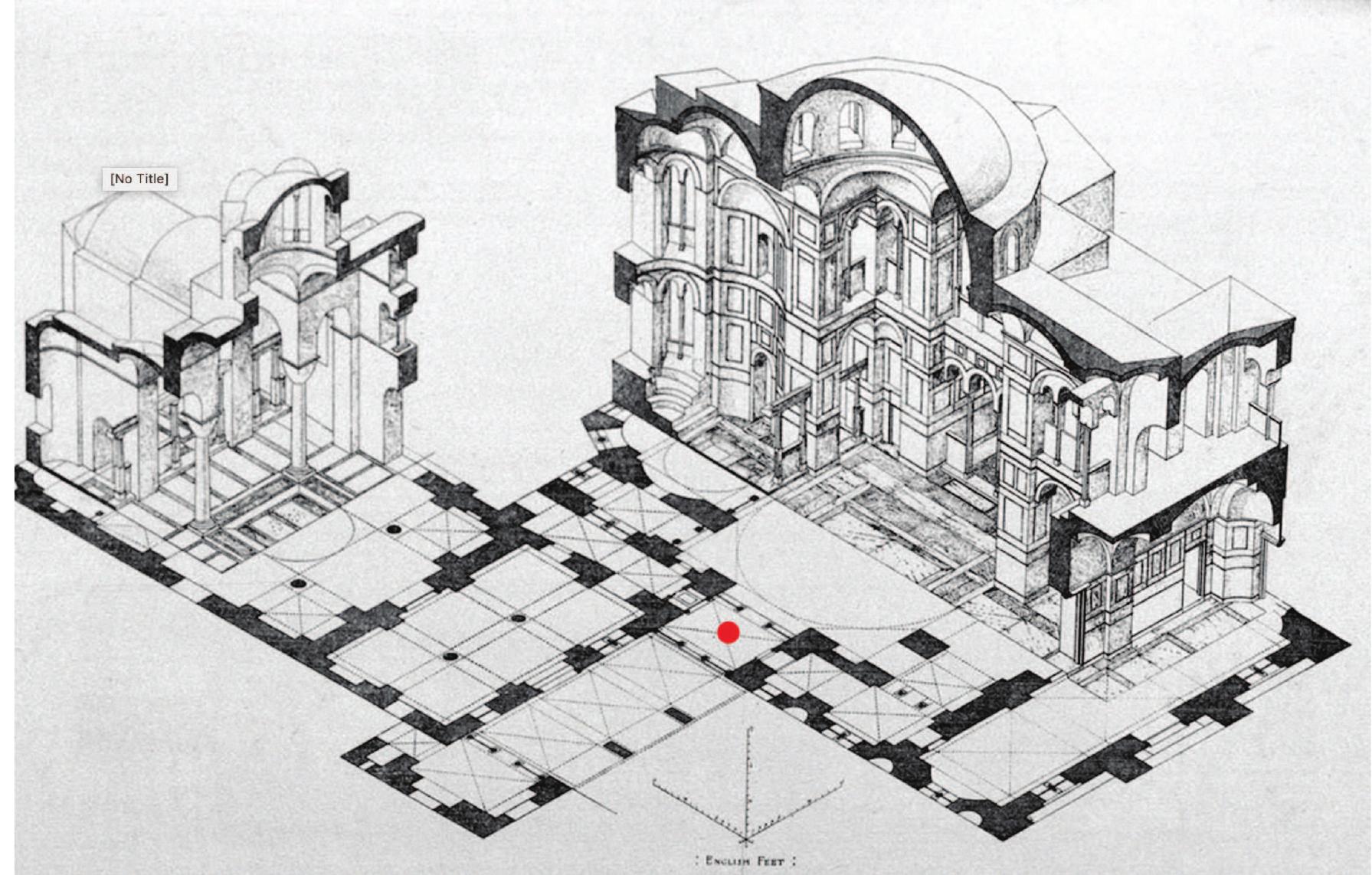 Axonometric drawing of the complex of the two churches at