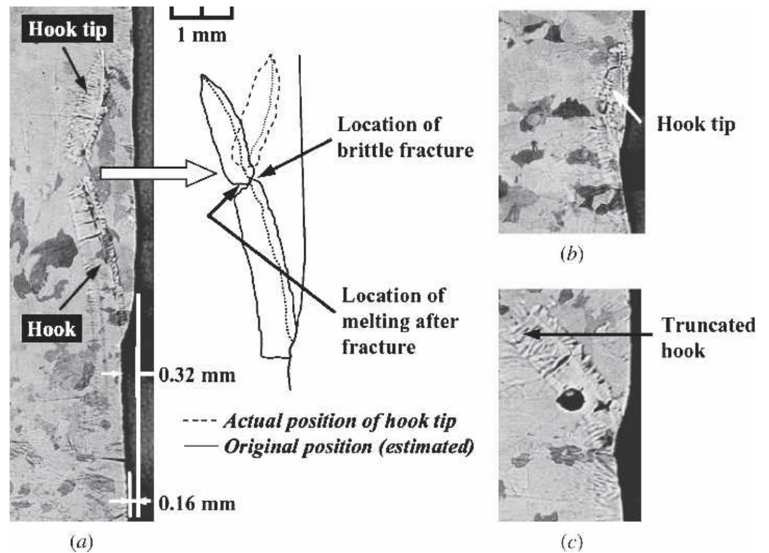 —three hooks showing (a) evidence of brittle fracture of