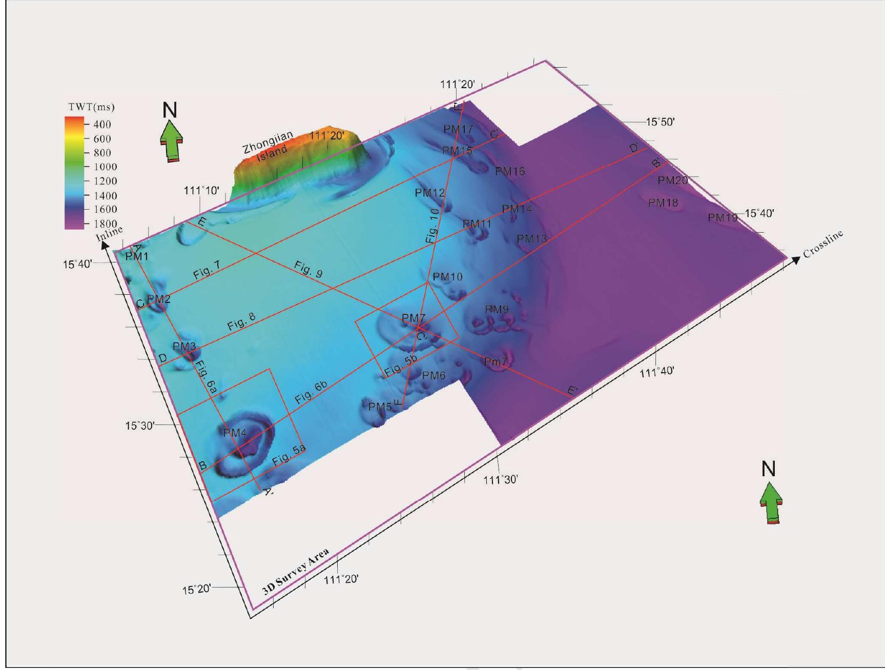 Pockmarks showing a seafloor morphology map of the 3d survey