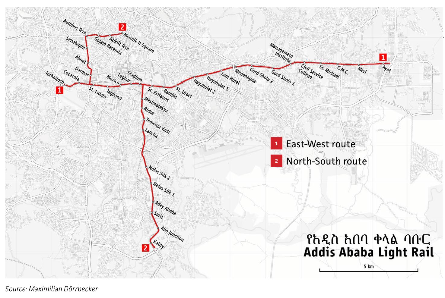 Addis ababa lrt north-south and east-west routes