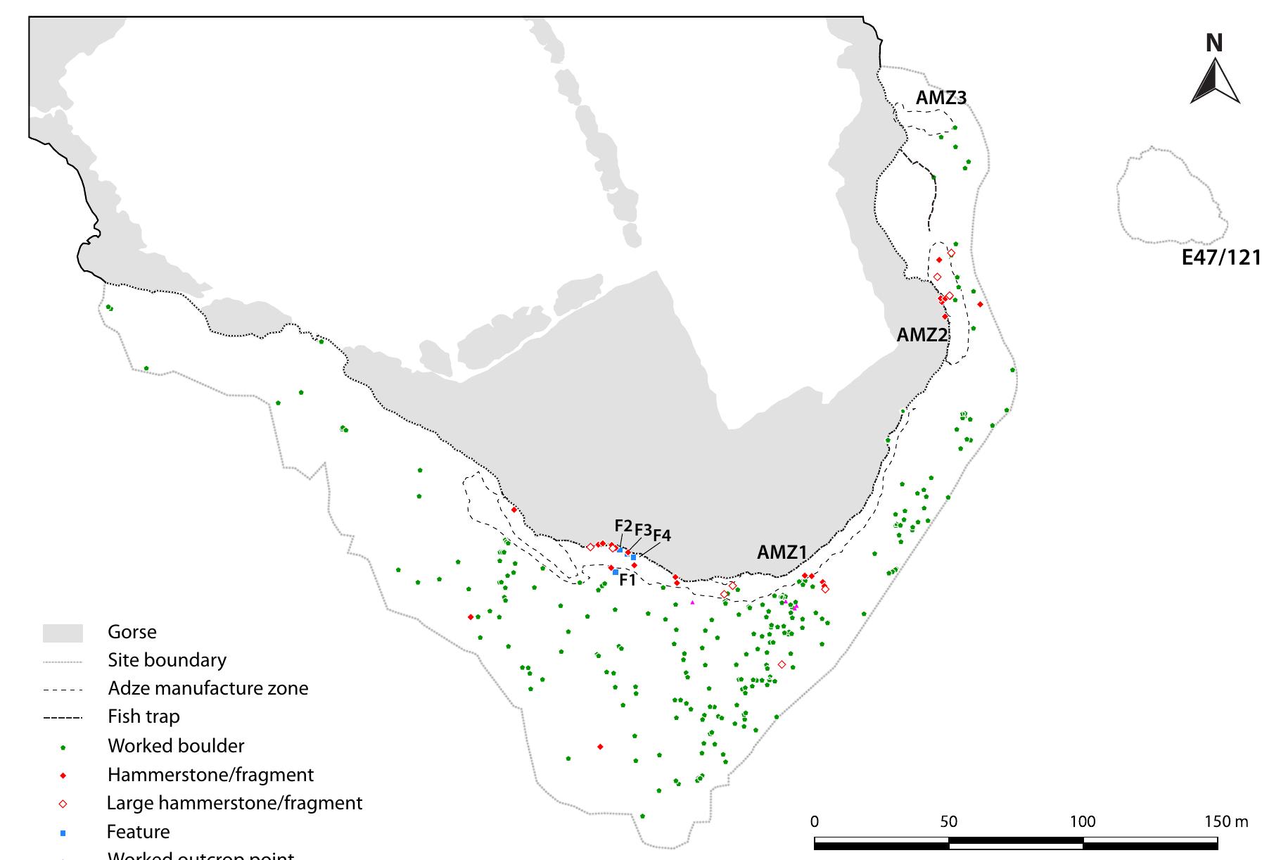 A map of major quarry site e47/118. small debitage clustered