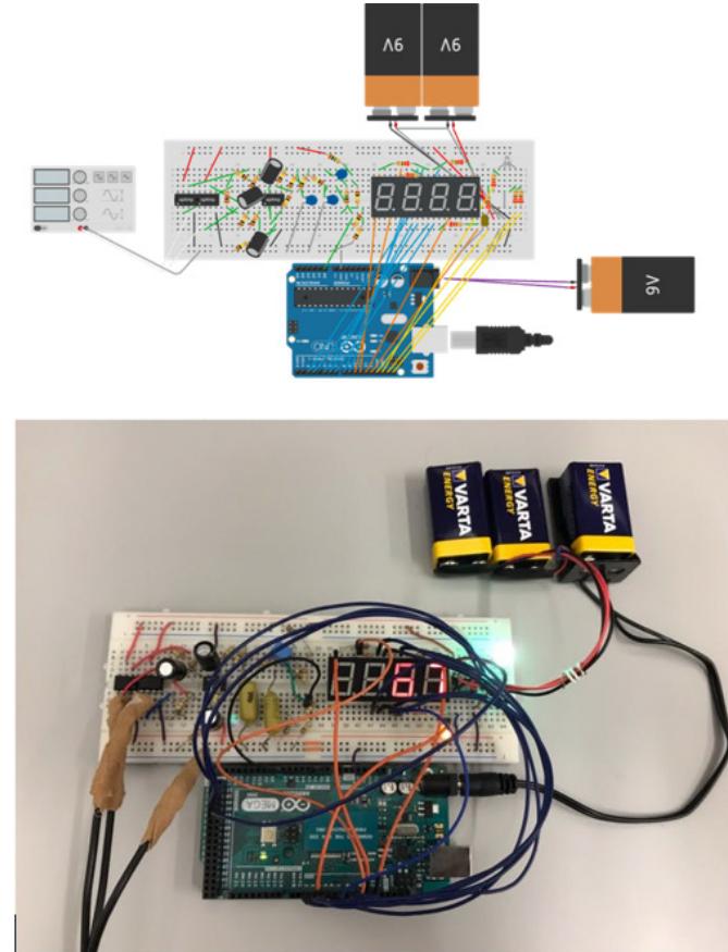 Schematic and final breadboard ecg circuit using an arduino®