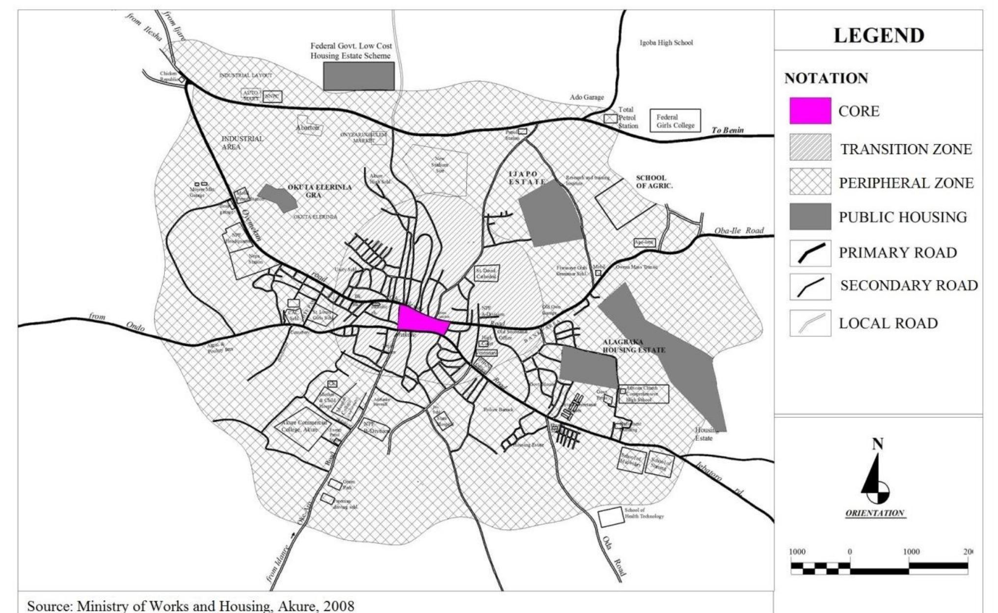 Map of akure indicating the zones and major roads (source: