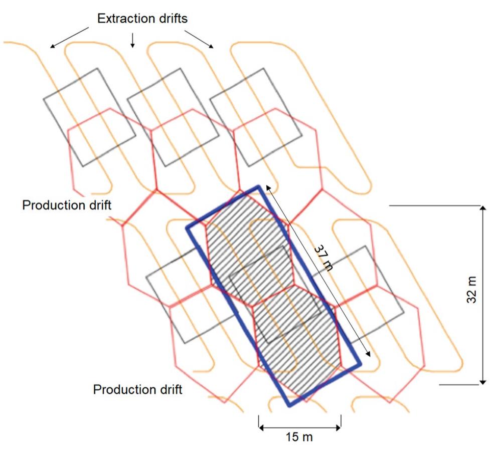 Plan view of an el teniente layout, with the area to be