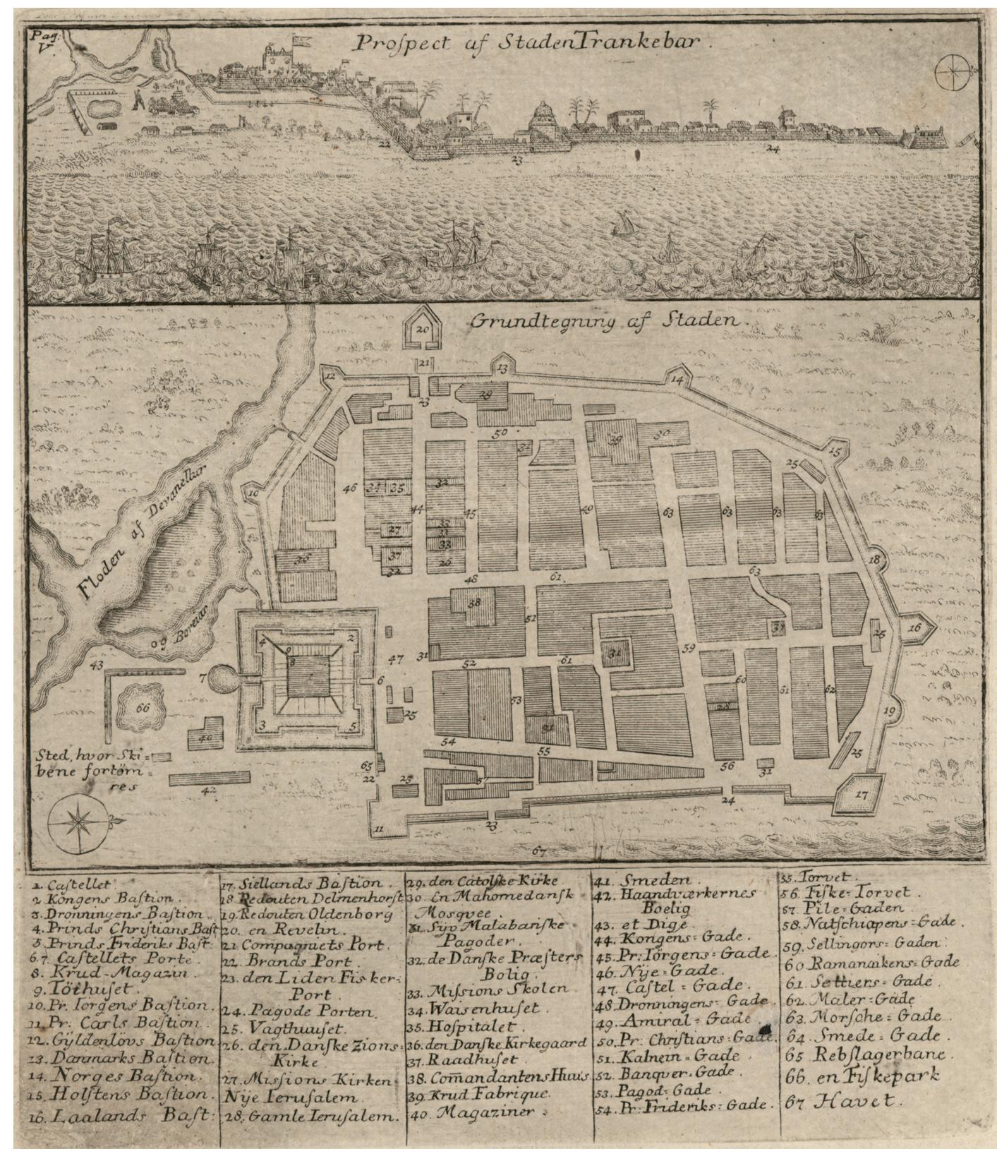 Prospect and sketch of tranquebar depicting the lay-out of