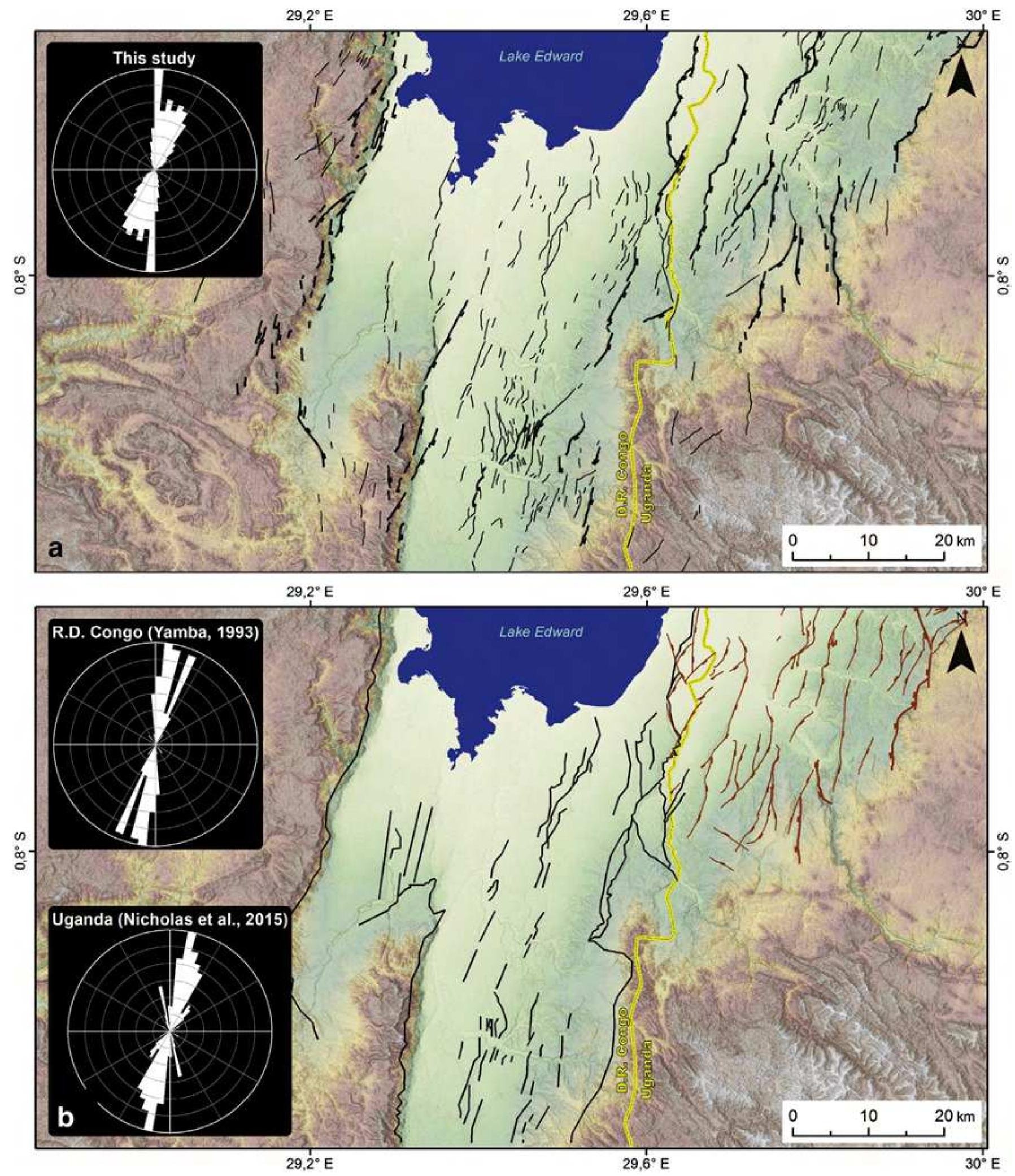 Fault maps of the southern lake edward basin. (a) map of