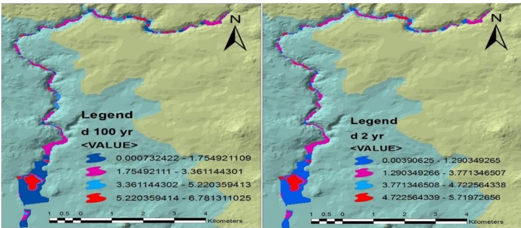 Flood depth map of big akaki river for 100 and 2 years