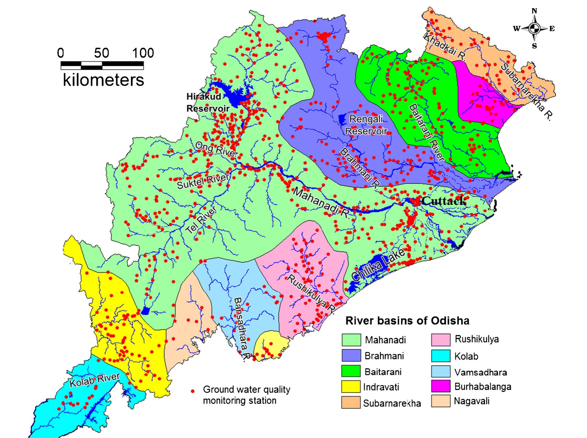 The map of odisha showing the major drainages, river basins,