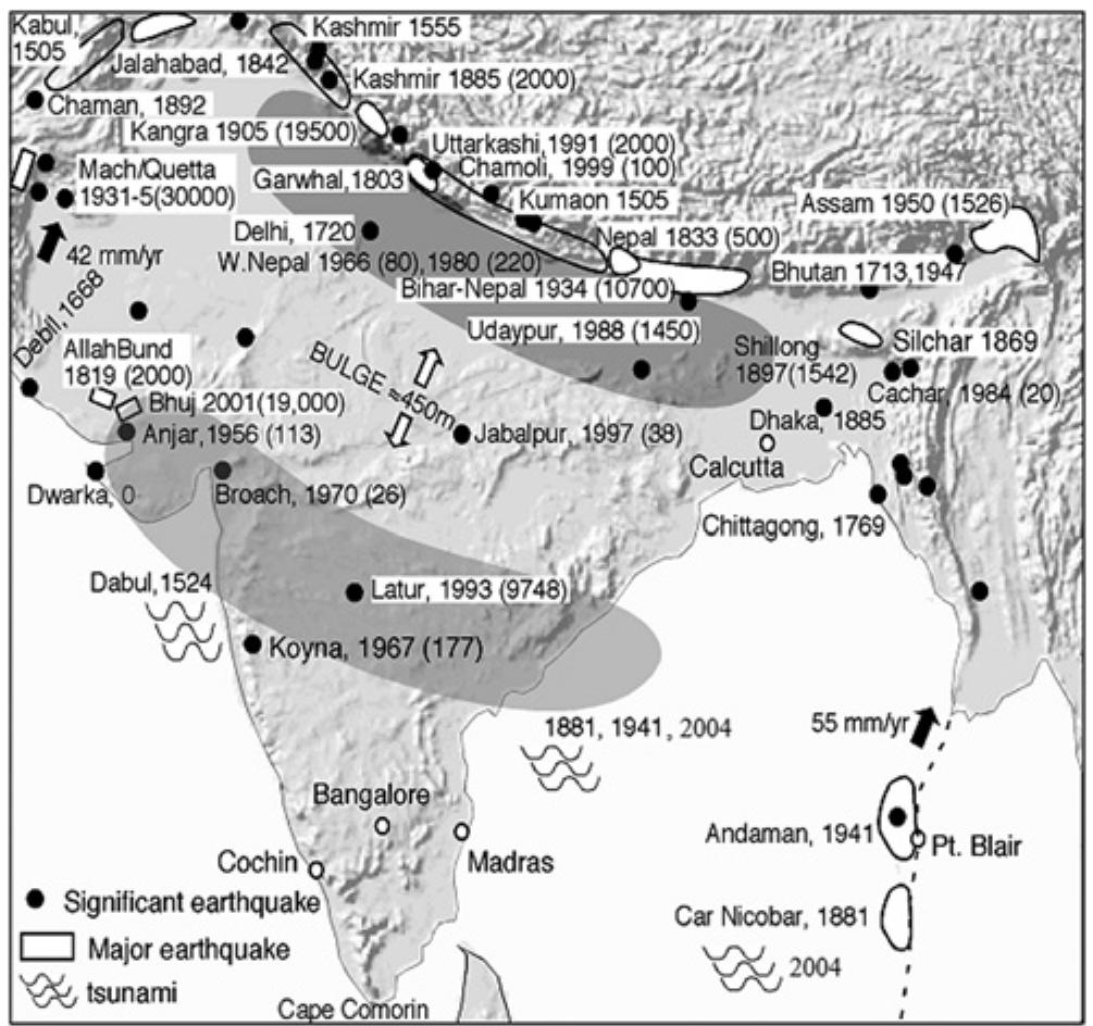 Schematic views of indian tectonics and historic earthquakes