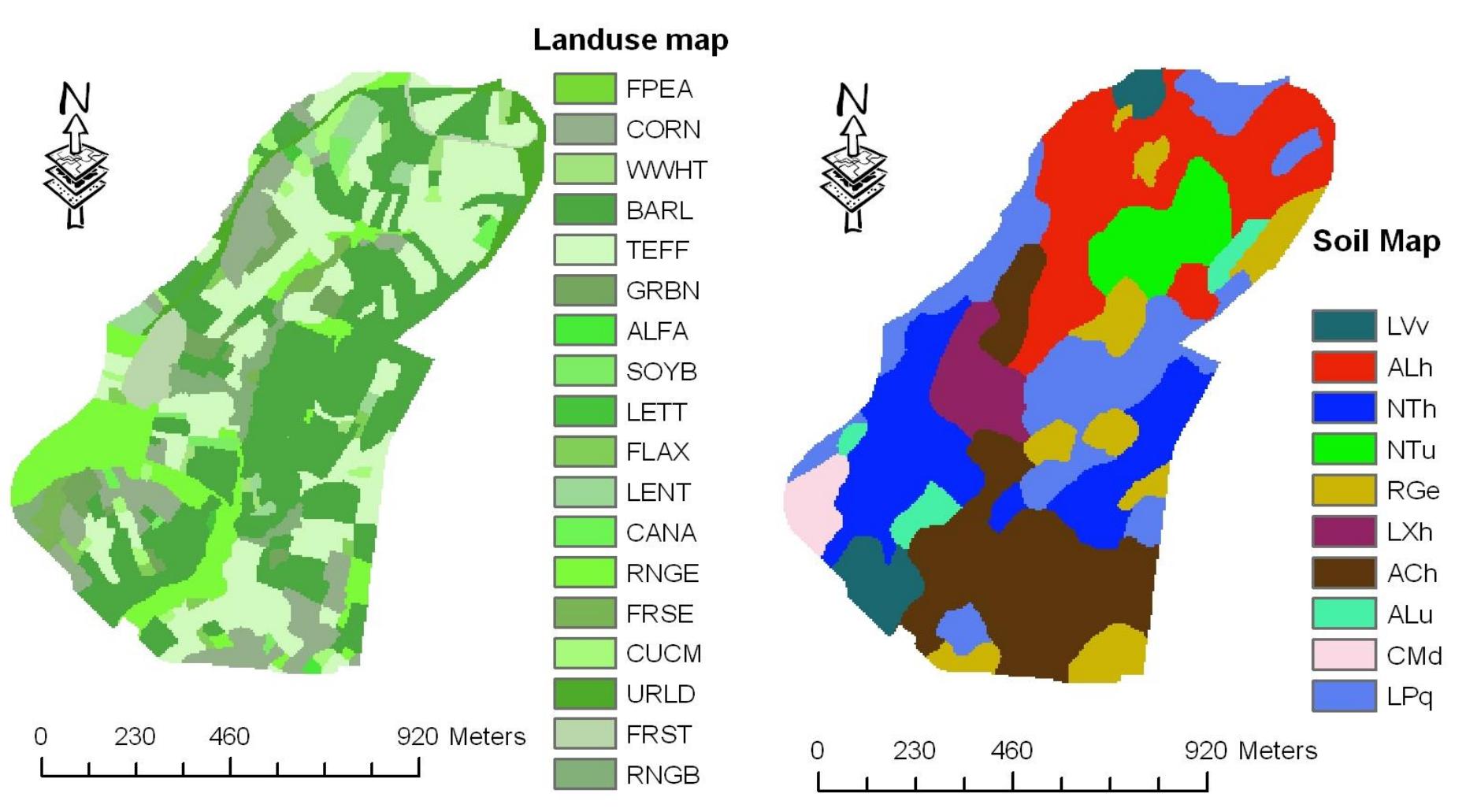 A) lett side - land use map, b) right side - soil map of