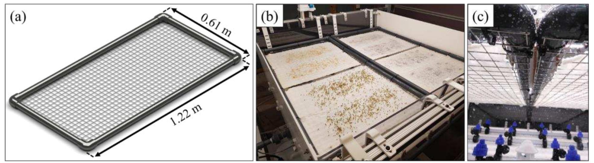 Grow tray diagram (a), top view (b), and bottom view of grow