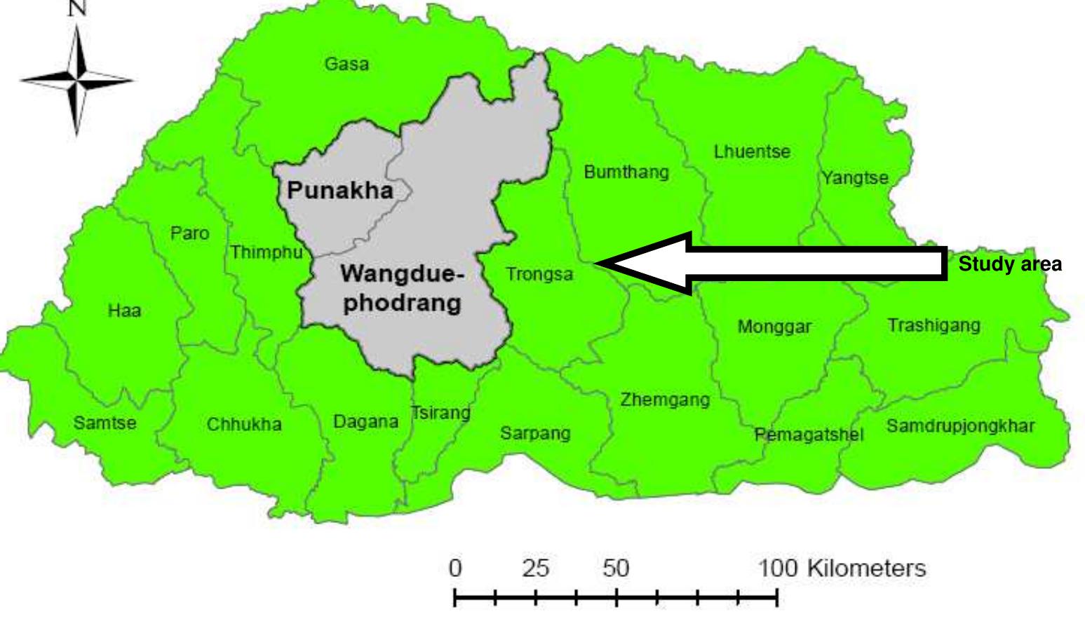 Map of bhutan showing the study area, punakha and wangdue