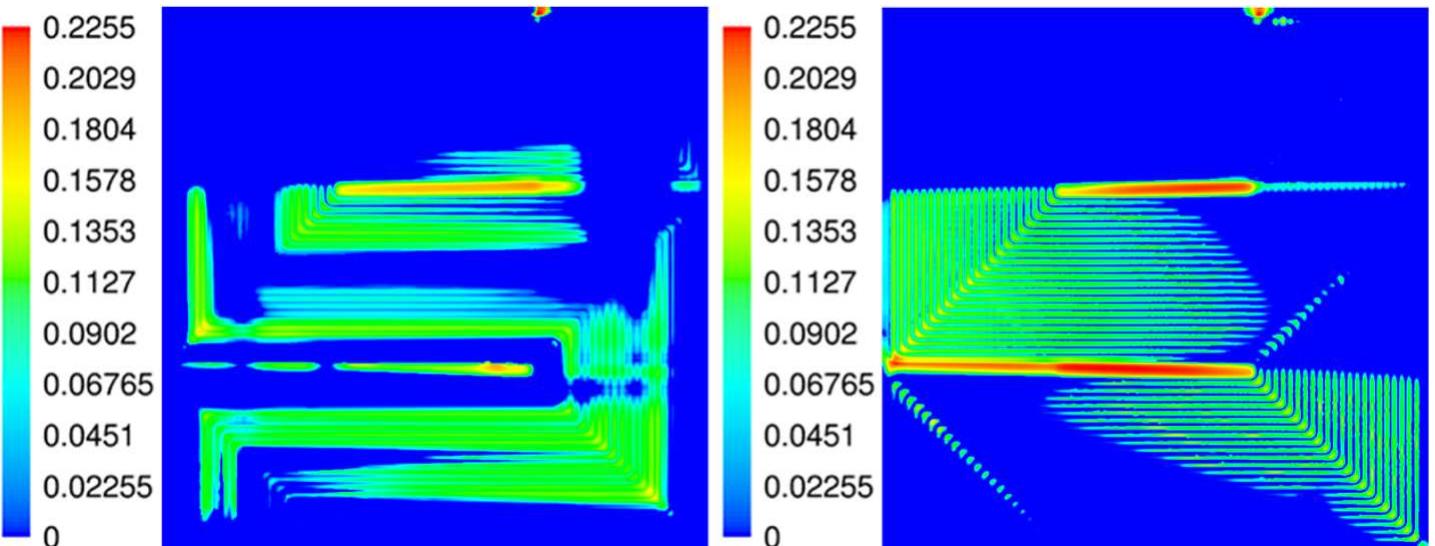Liquid saturation contours along the cathode substrate
