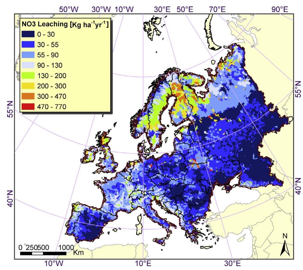 Map of nitrate leaching from the bottom of the root zone.