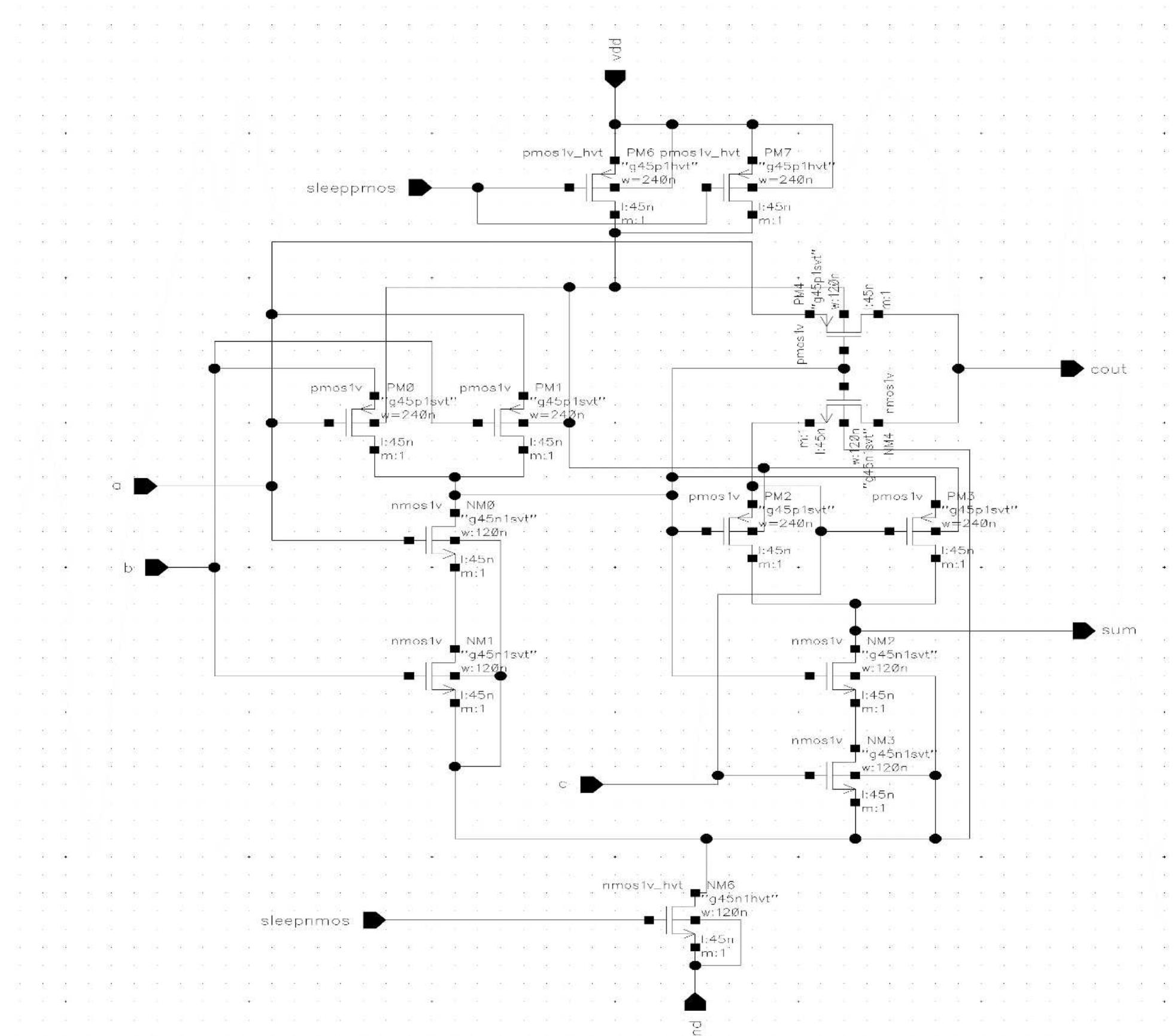 Schematic diagram of 10t full adder with sleep transistors