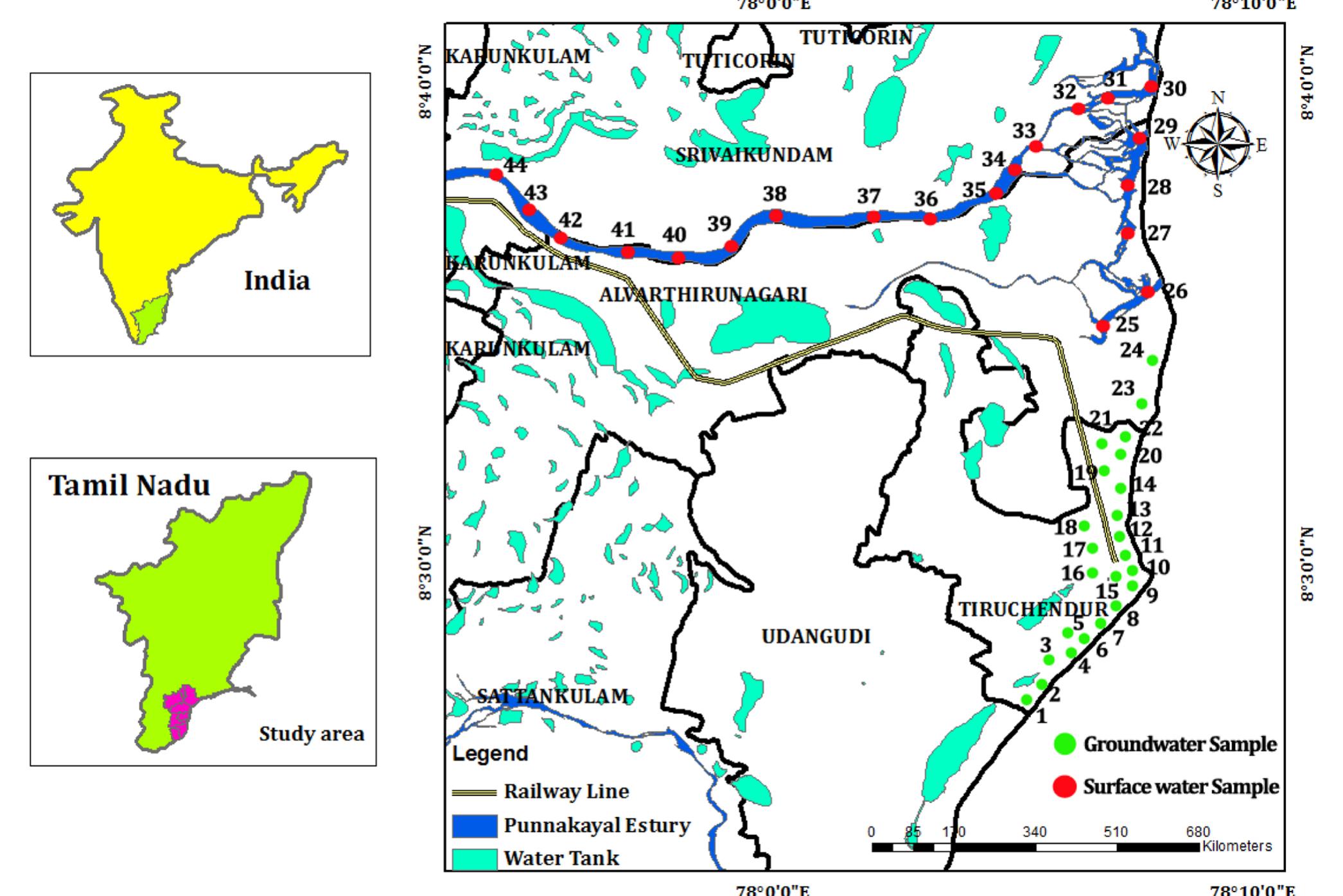 Map showing the sampling points of groundwater and surface