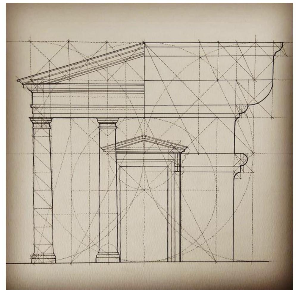 Drawing of a tuscan column capital and temple front