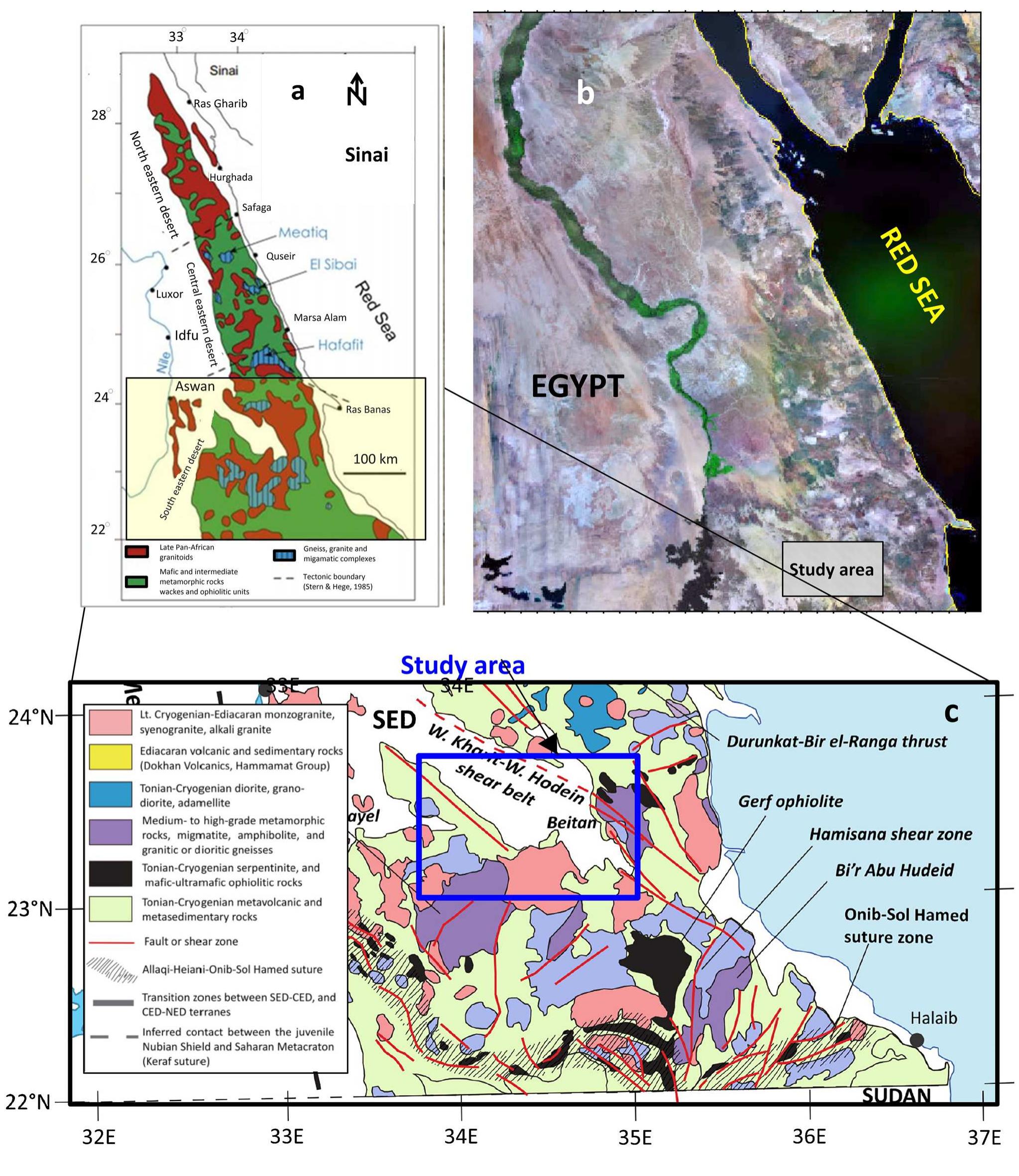 Location map of the study area. (a) the nubian shield, and