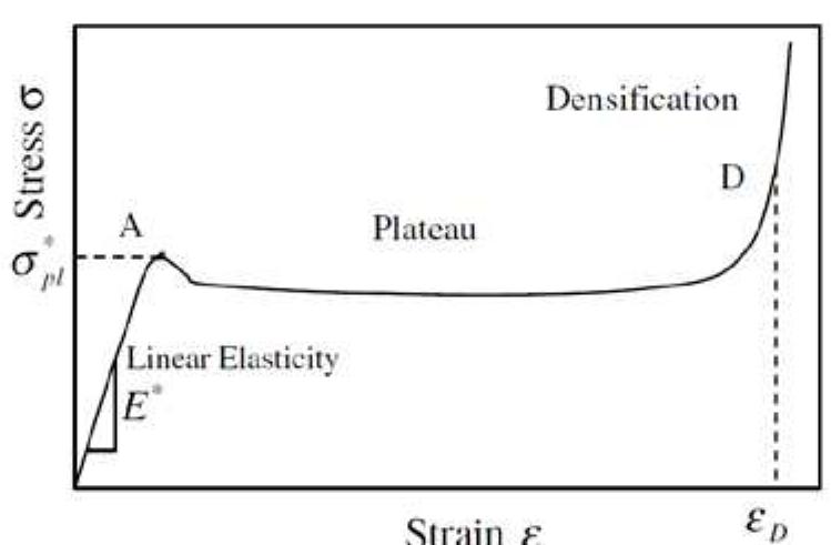 Stress-strain curve for a typical honeycomb siructure under