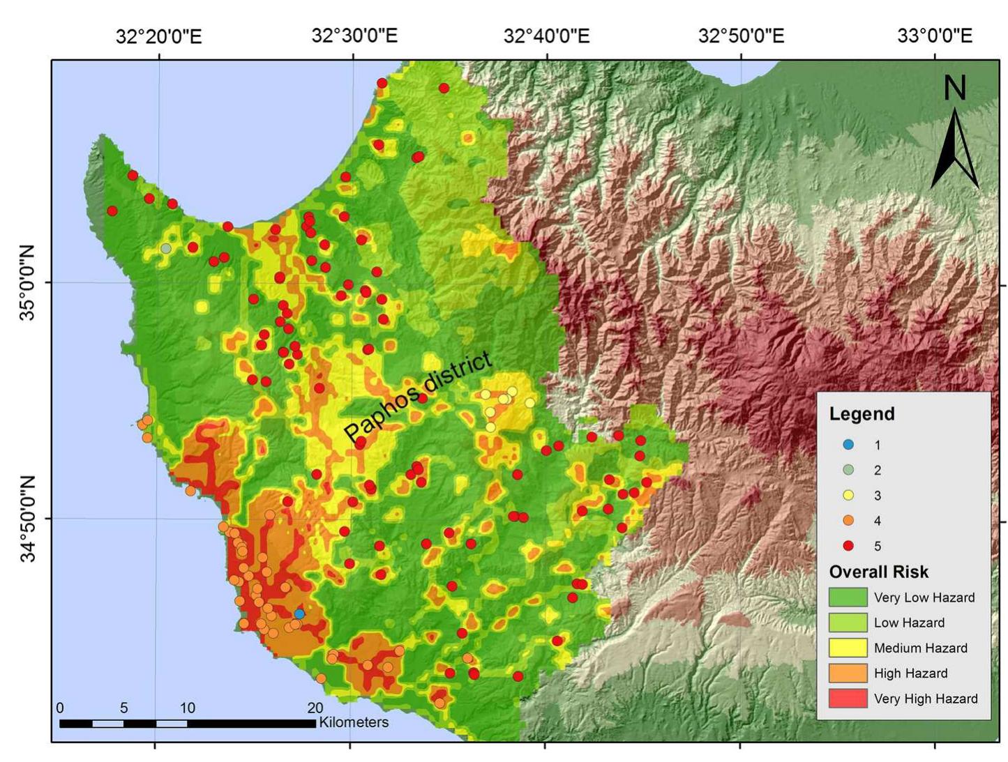 Overall risk hazard map for the paphos district, based on