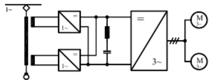 Full-electric locomotive with two four-quadrant converters