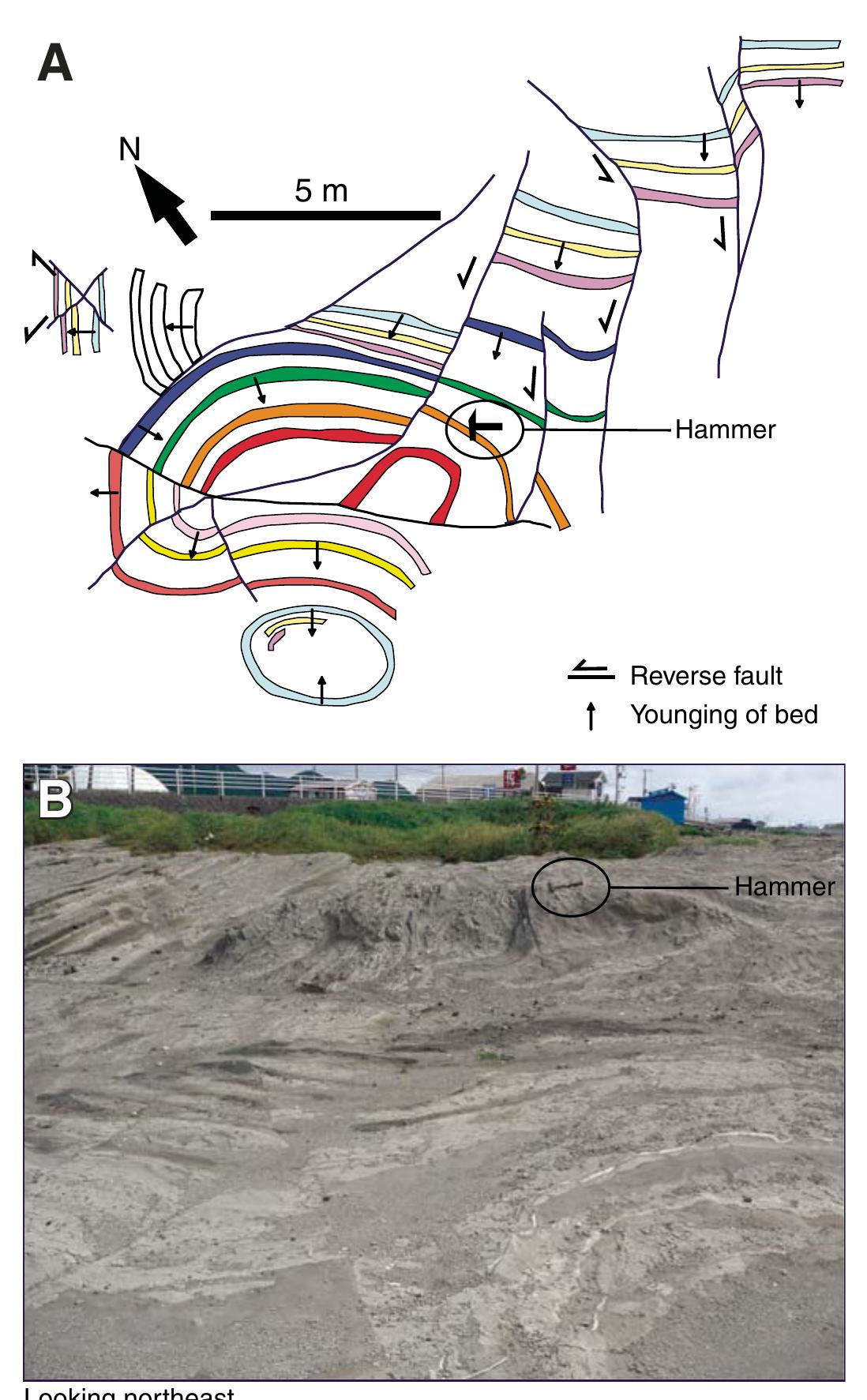 Sketch map and outcrop photographs of folding, faulting, and