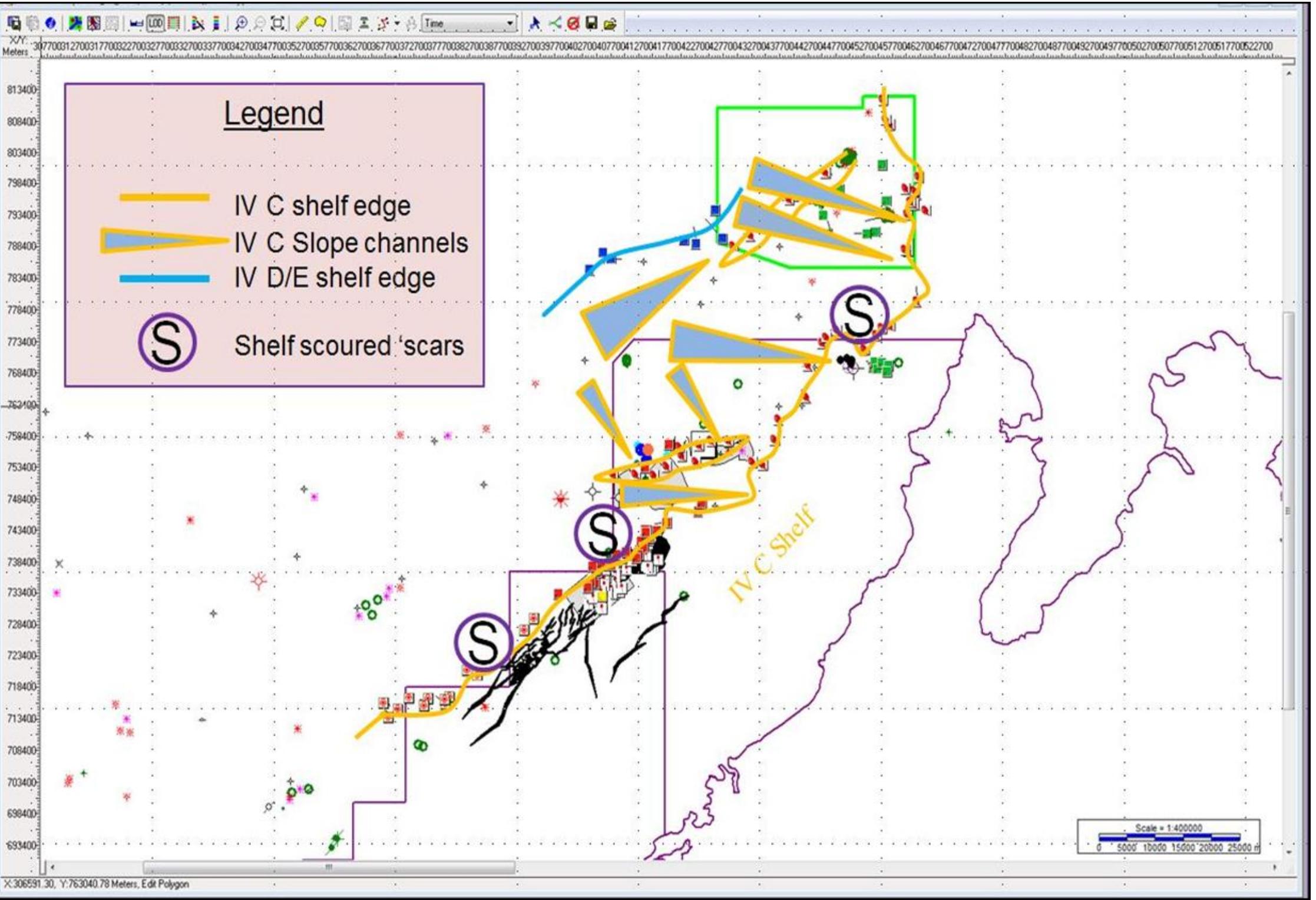 Map showing the stage ivc shelf edge, slope scars and