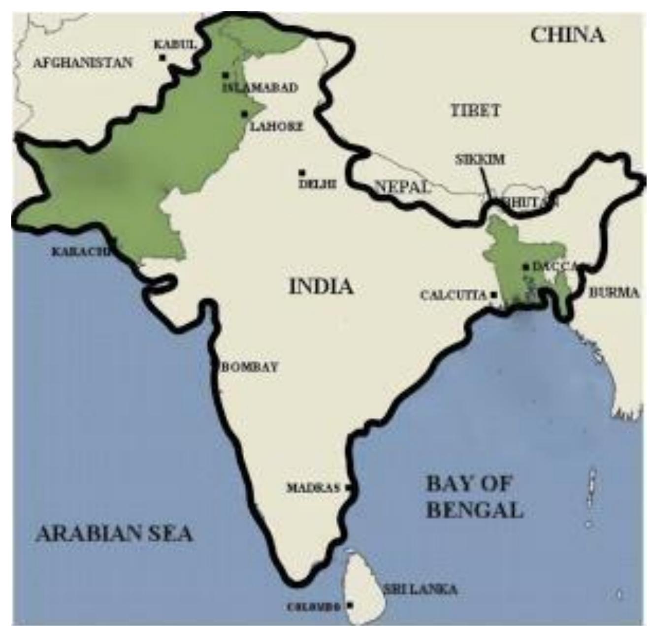 Map of pakistan at the time of partition; 1947, showing with
