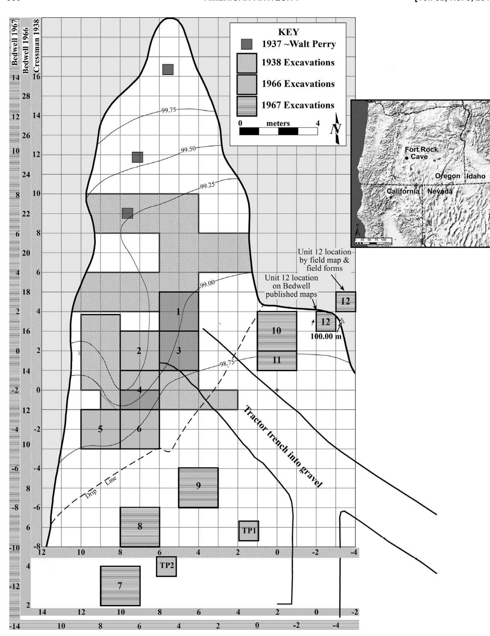 Plan view of fort rock cave showing the different grid