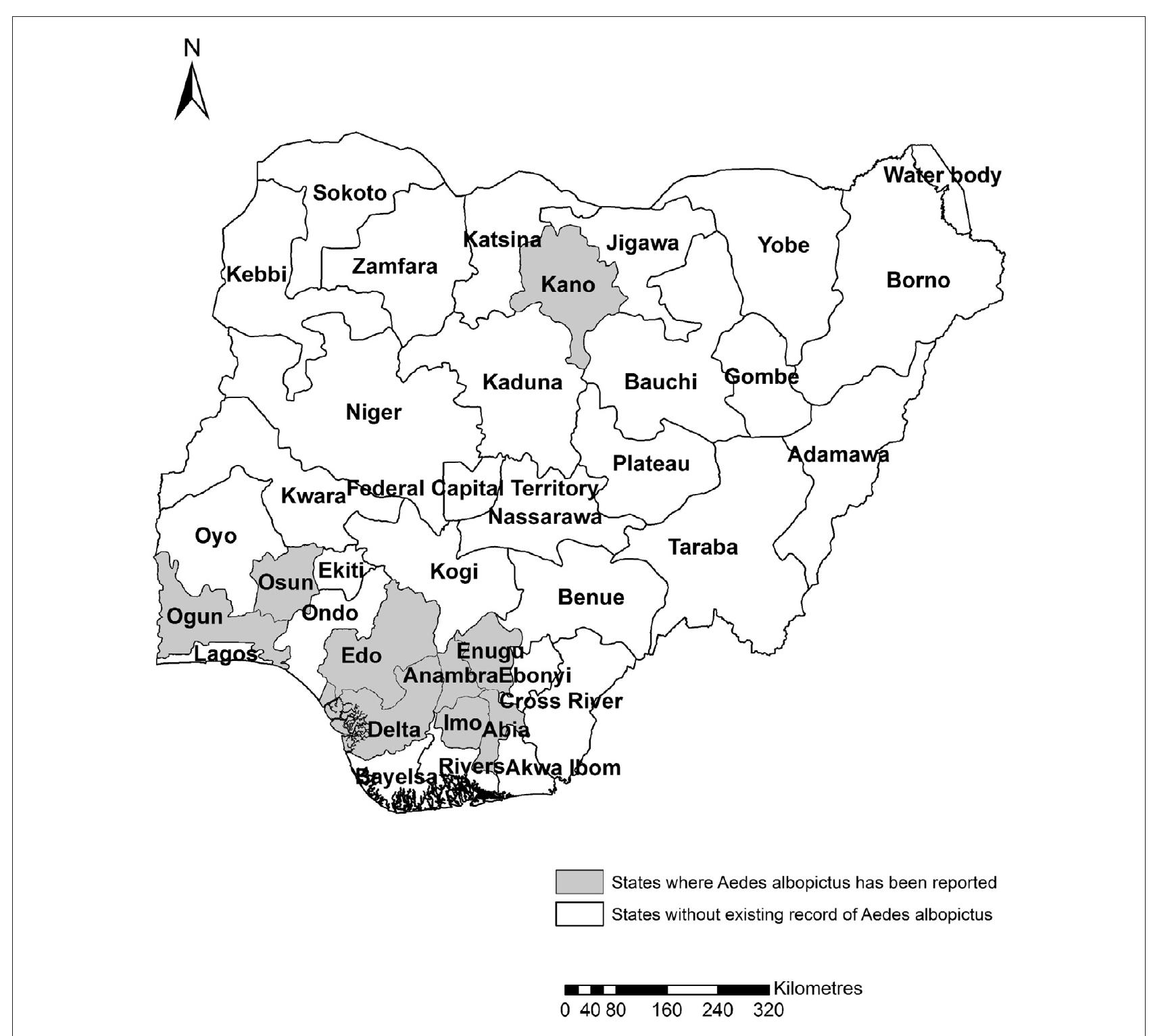 Map of nigeria showing the current distribution of aedes