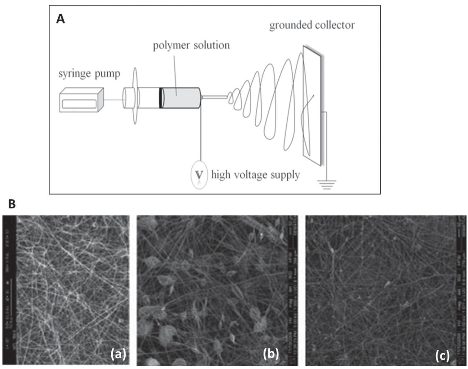 A) schematic of electrospinning process. b) microscopy