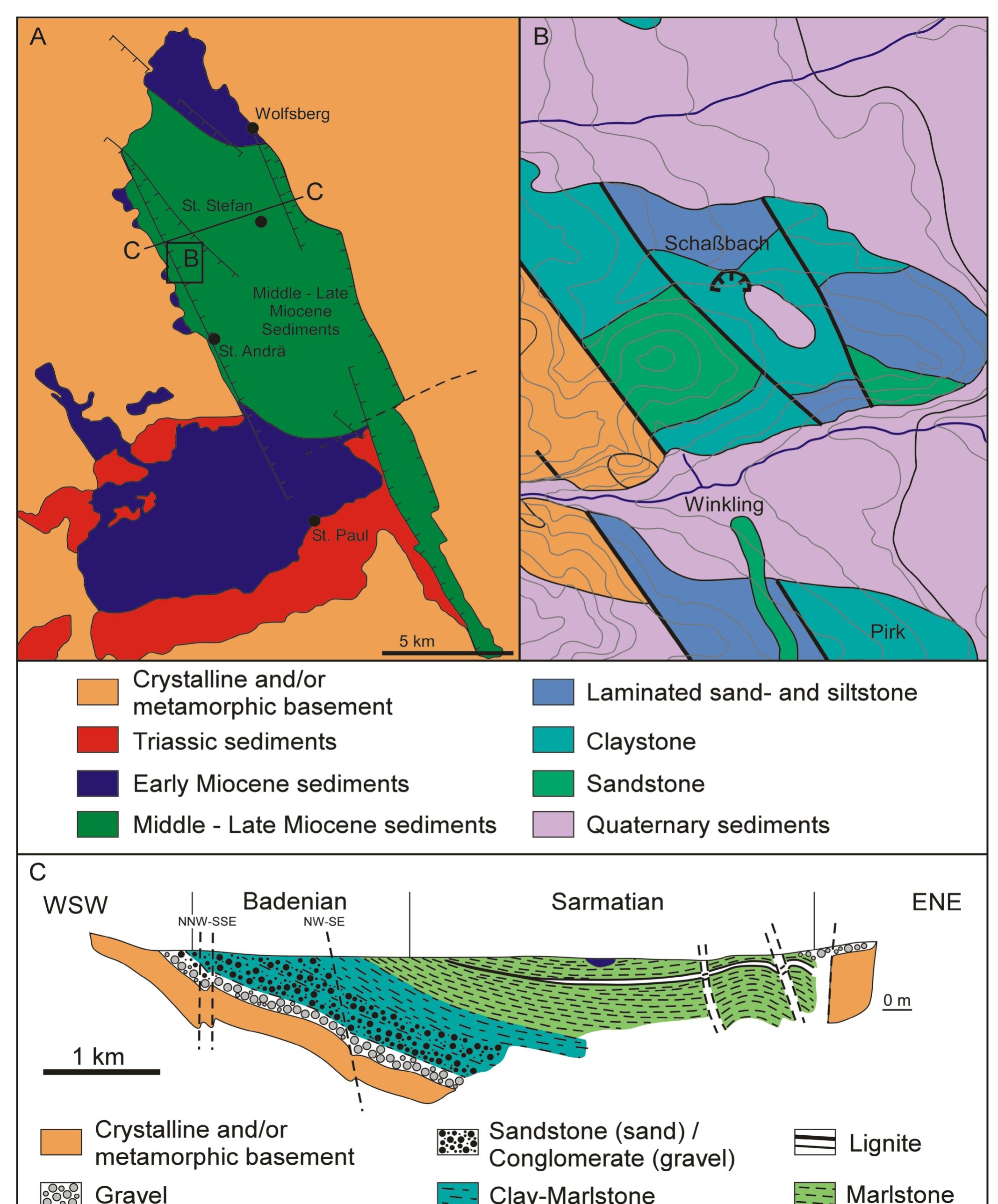 Simplified geological maps of the lavanttal basin (a) and of