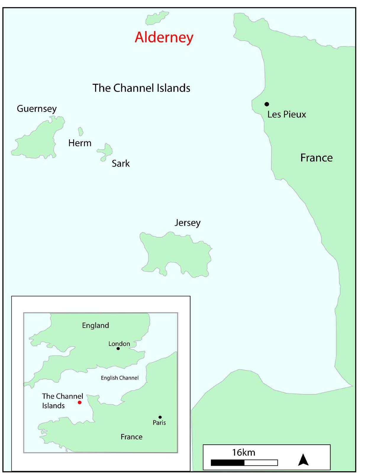 Map showing the location of alderney in relation to britain,