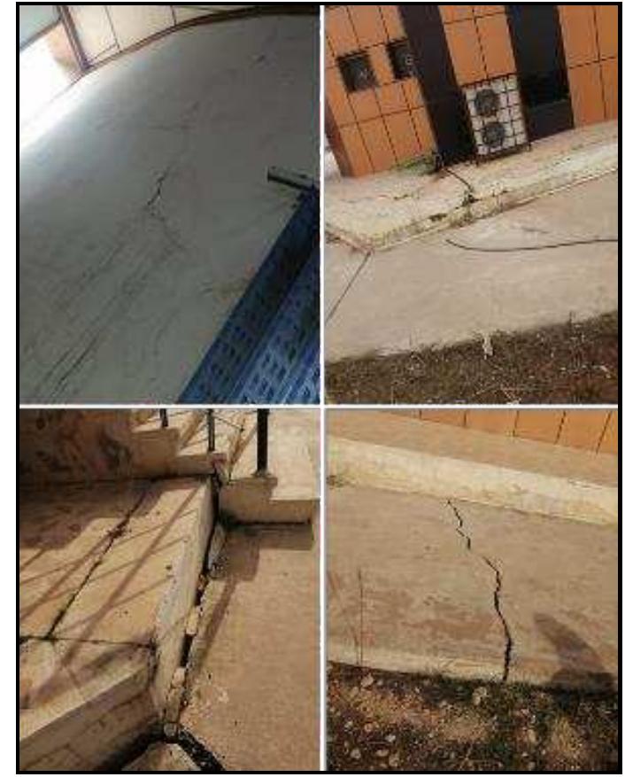 Cracks in building structures.