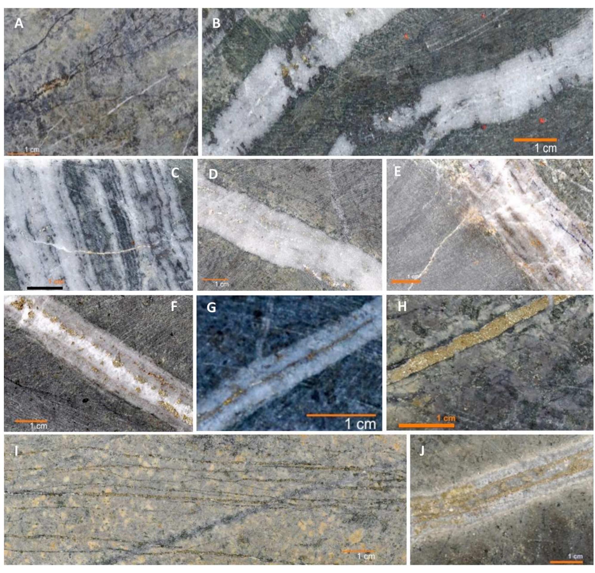 Many porphyry vein types at the randu kuning area. a)