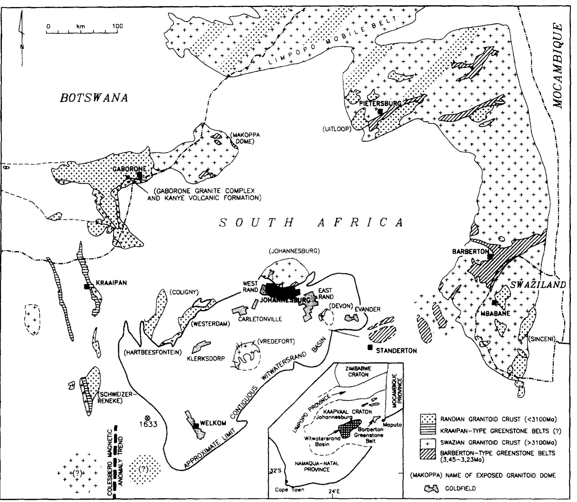 Map showing main surface components of the witwatersrand