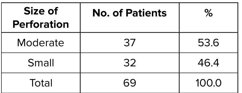 Size of perforation of tympanic membrane among patients the