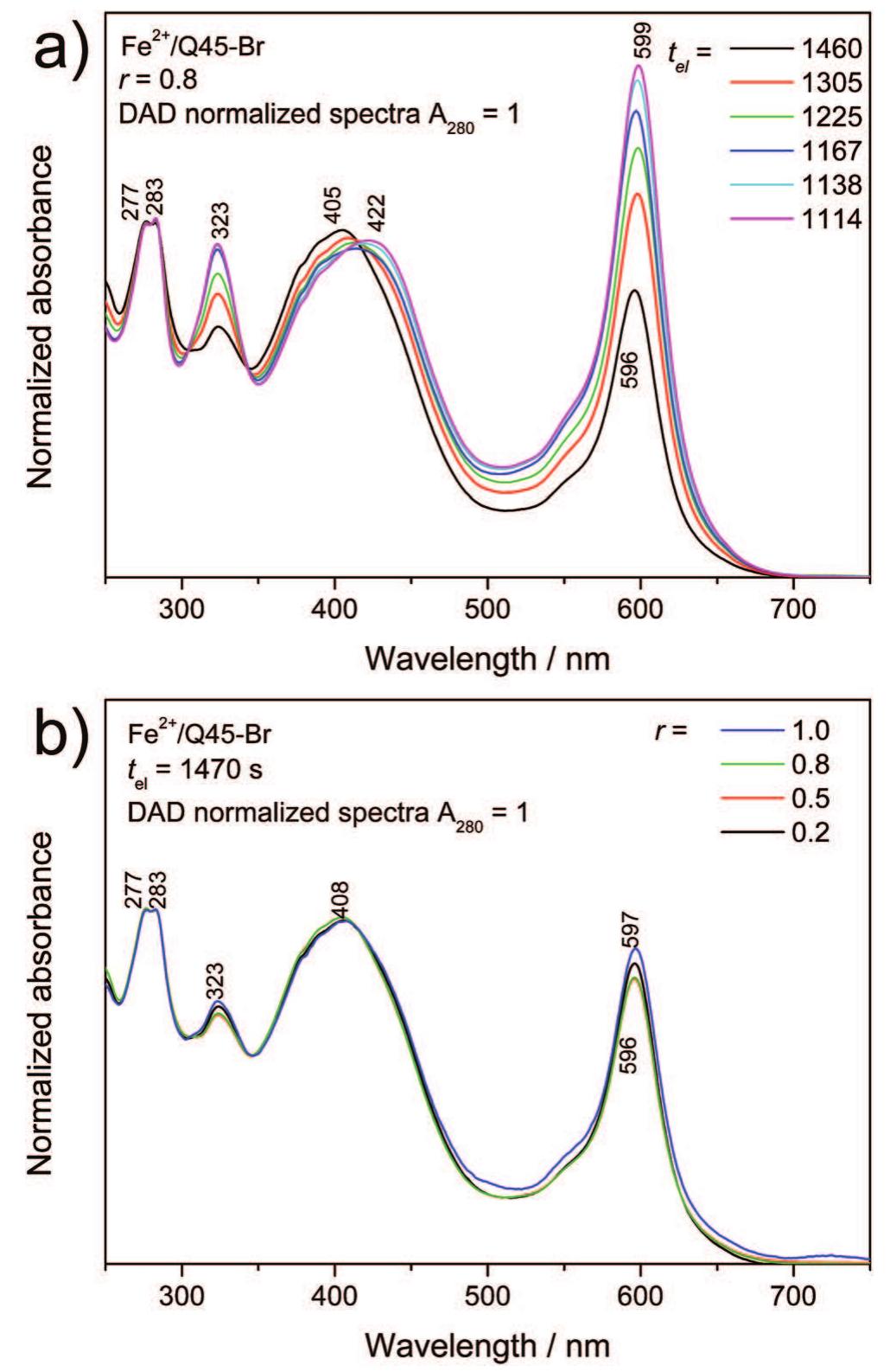 The uv/vis dad spectra of sec fractions of the fe**/q45-br