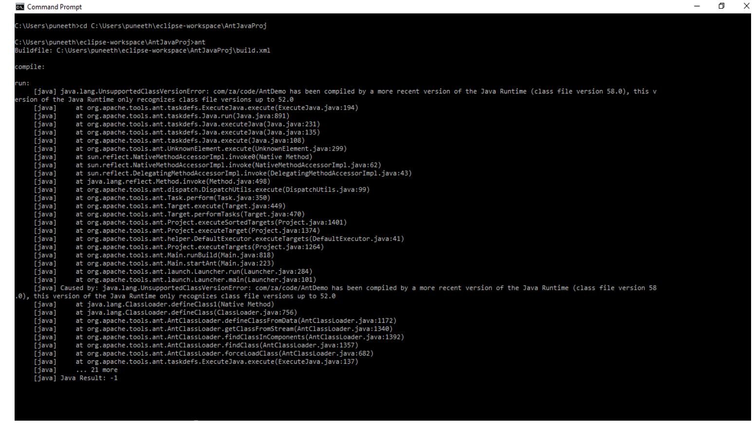 Project build compilation in command prompt using ant