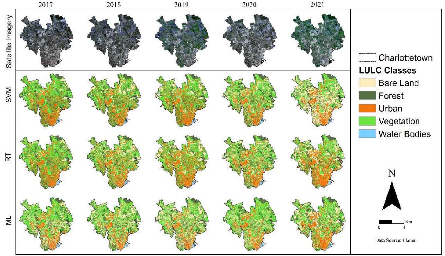 Lulc classification maps of planet images using svm, rt, and