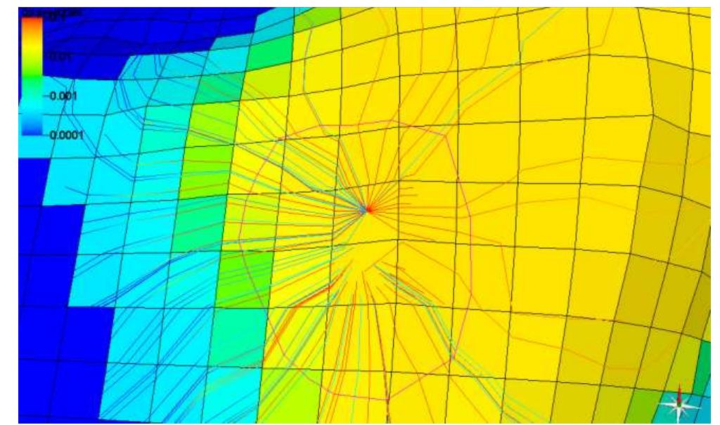 Stream lines of the oil production rate in the drainage