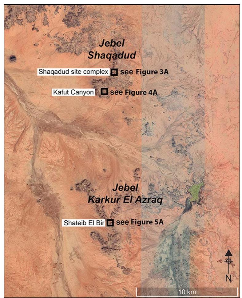 Map of the shaqadud and karkur el azrag mountains showing